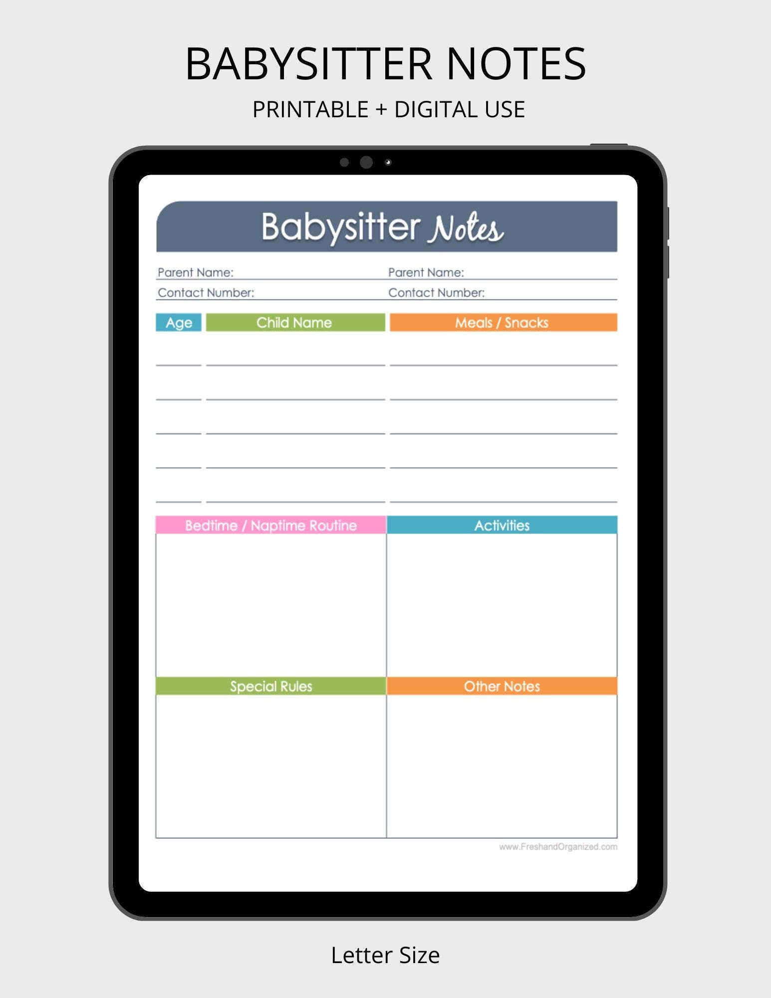 Babysitter Notes - Fillable Organizing Printable, Childcare ...