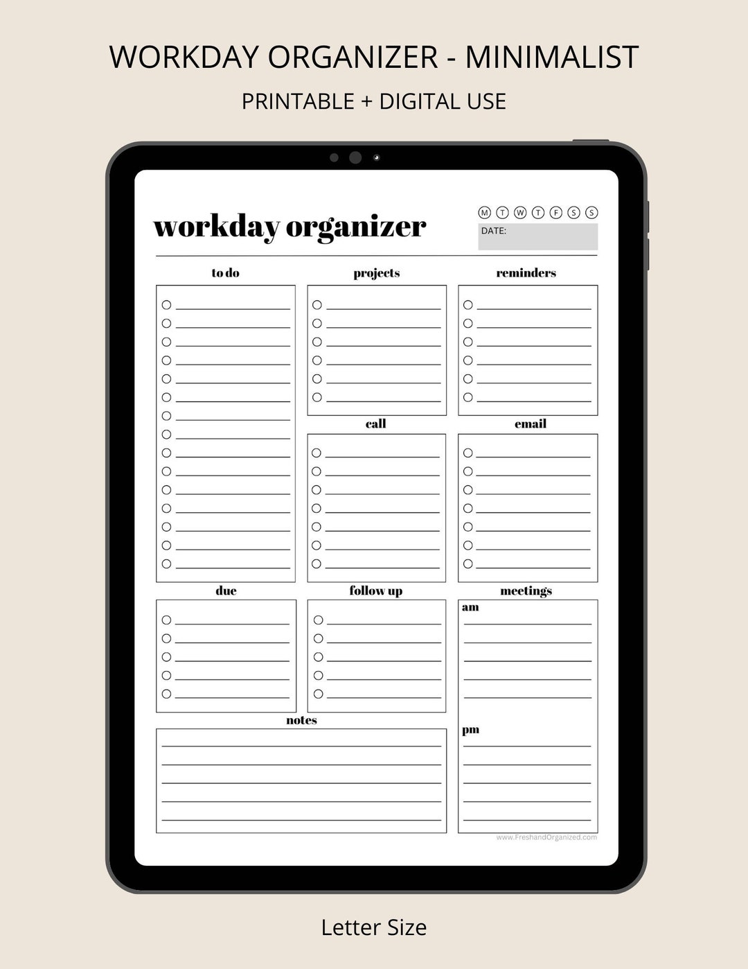 Work Day Organizer - Minimalist Digital Planner Page, Work Planner ...