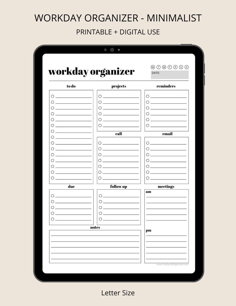 Work Day Organizer Minimalist Digital Planner Page, Work Planner ...