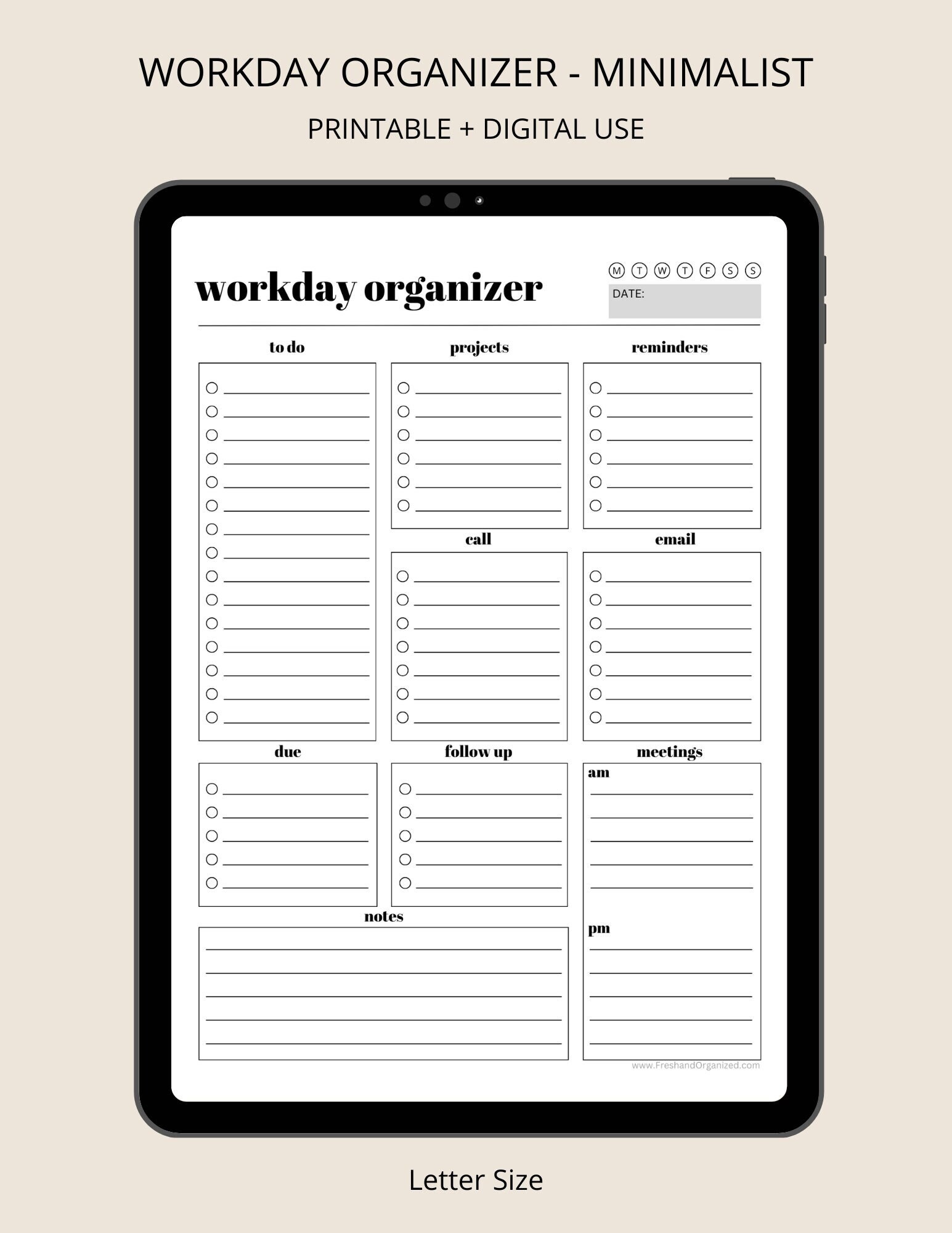 Work Day Organizer Minimalist Digital Planner Page, Work Planner ...