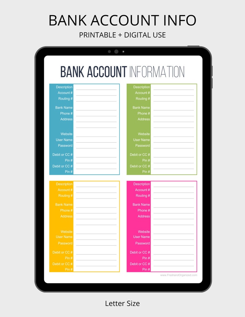 Bank Account Information Printable - Fillable - Personal Finance ...