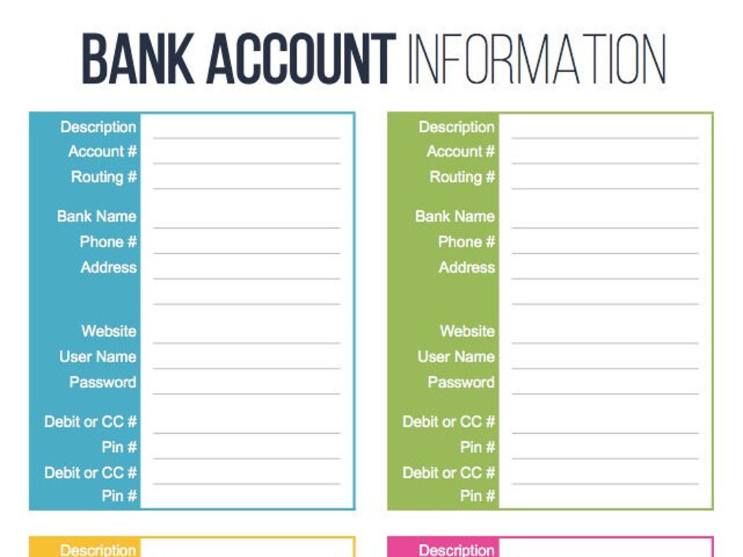 Bank Account Information Printable Fillable Personal - Etsy