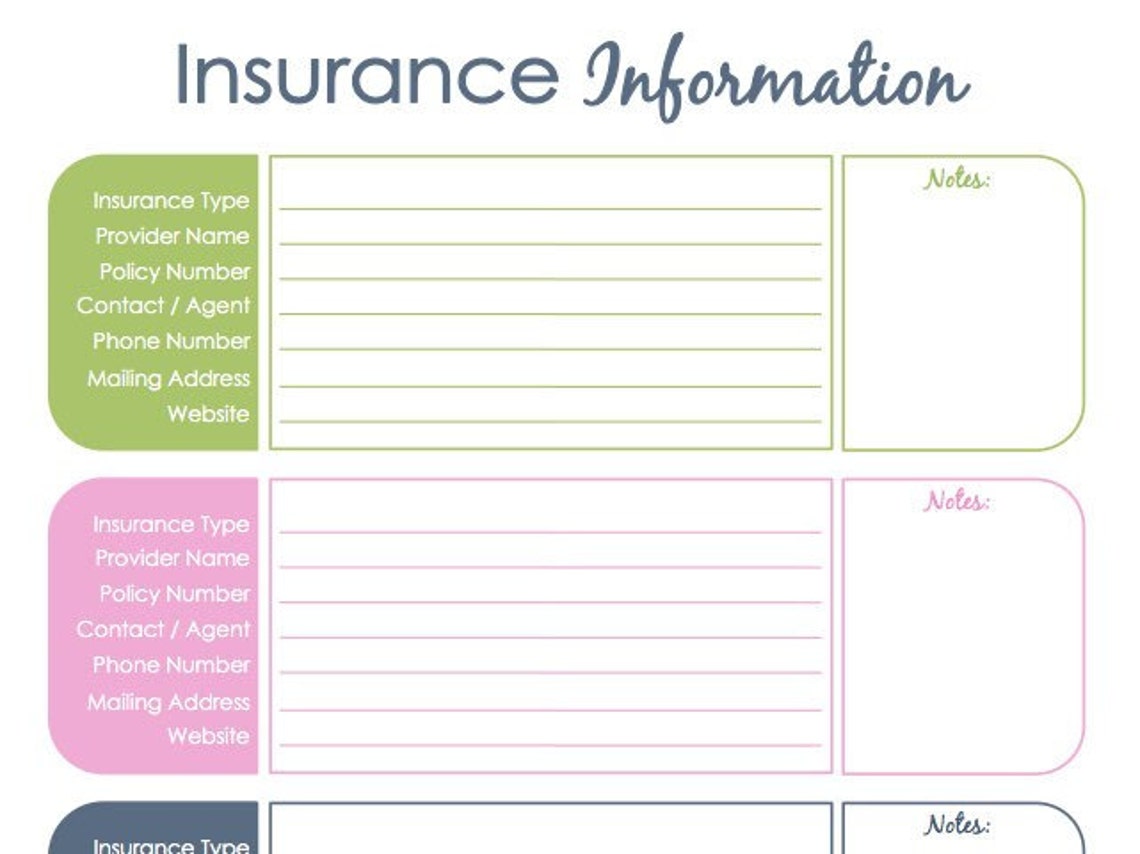 Insurance Information Organizing Printable Fillable - Etsy