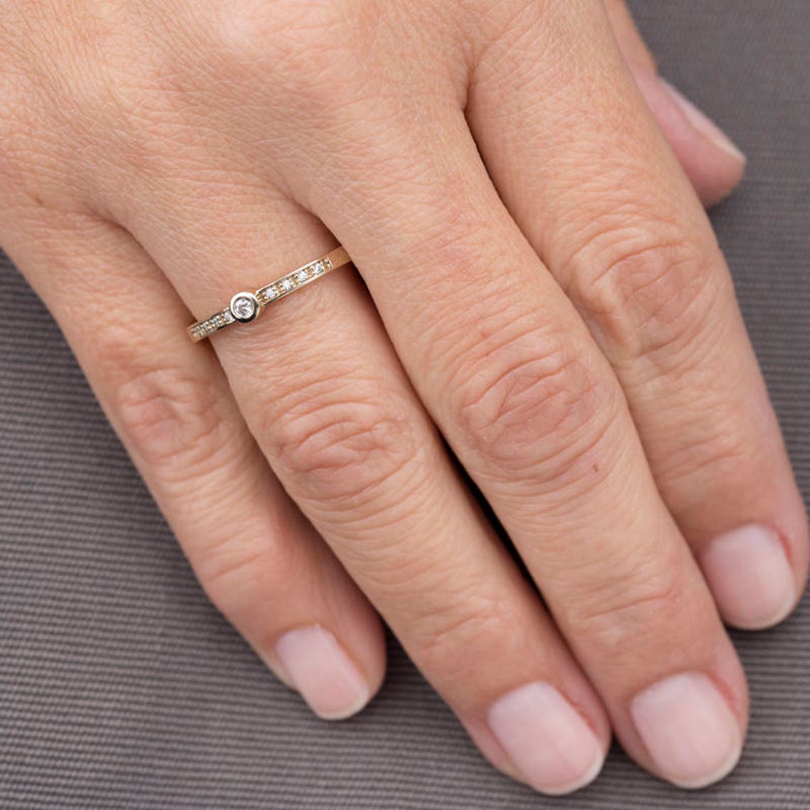 Round Engagement Ring With Small Side Stones Stackable Ring | Etsy