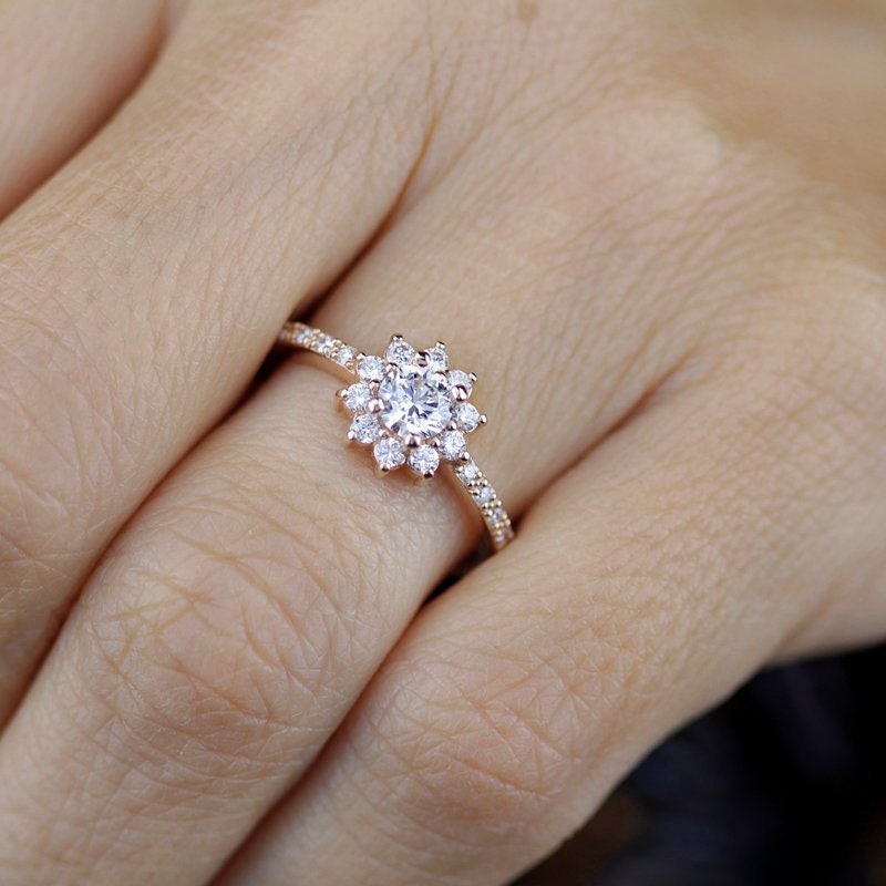 Round Engagement Ing With Halo and Side Stones Rose Gold | Etsy