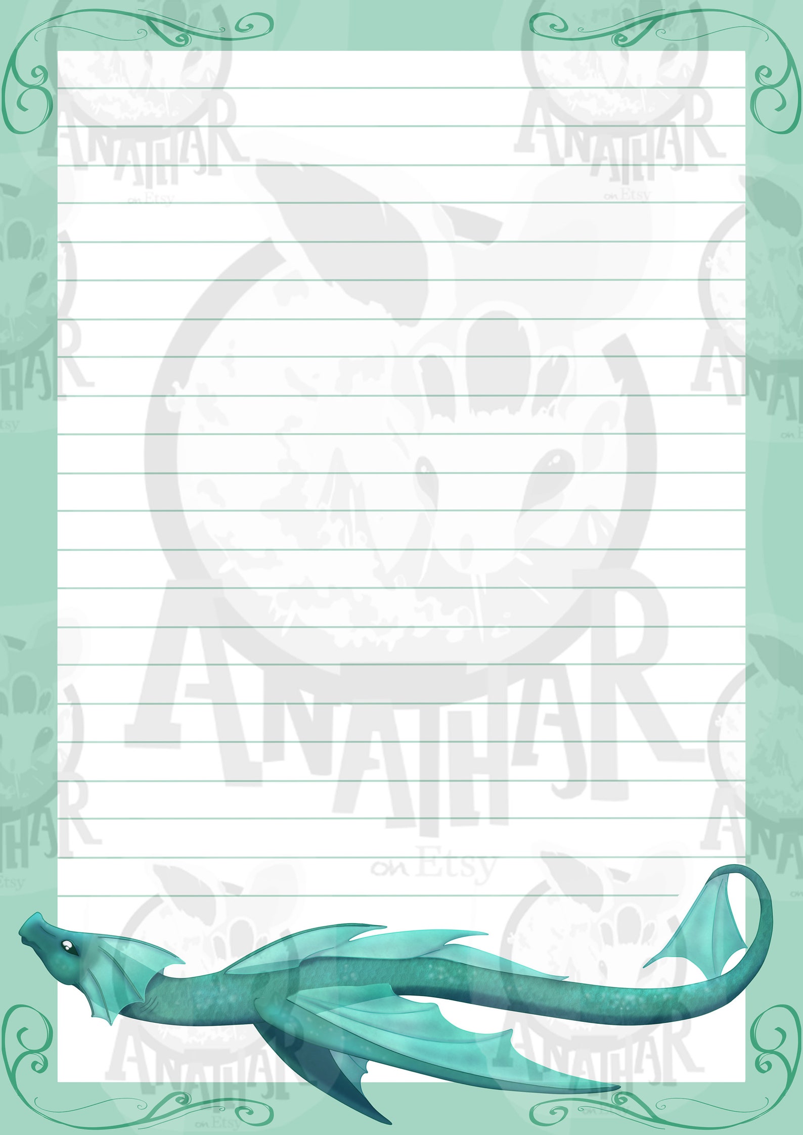 Printable Dragon Stationary / Digital Download / Ocean Dragon / 2 A4 ...