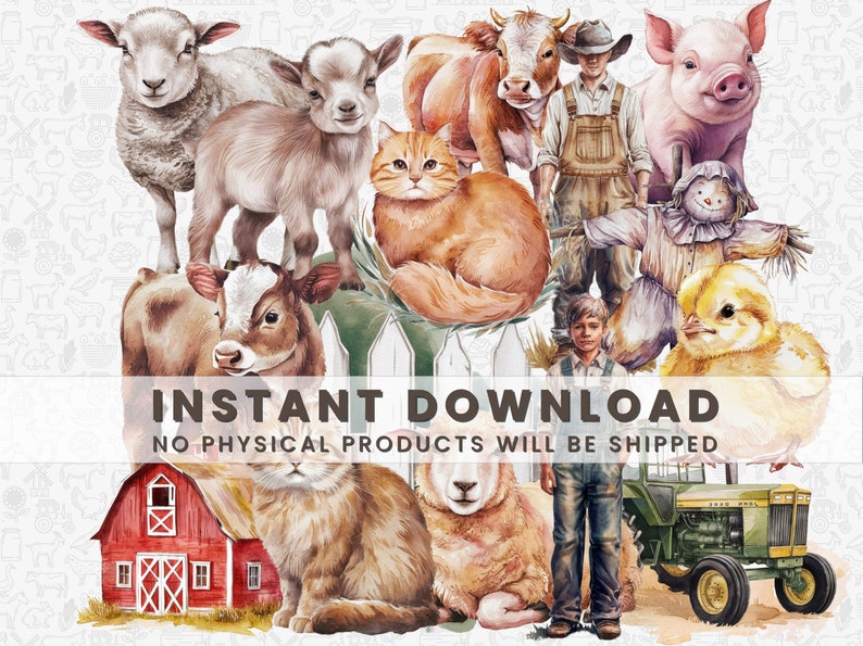 Watercolor Farm Animals Clipart, PNG, Farmyard Clipart, Nursery Wall ...