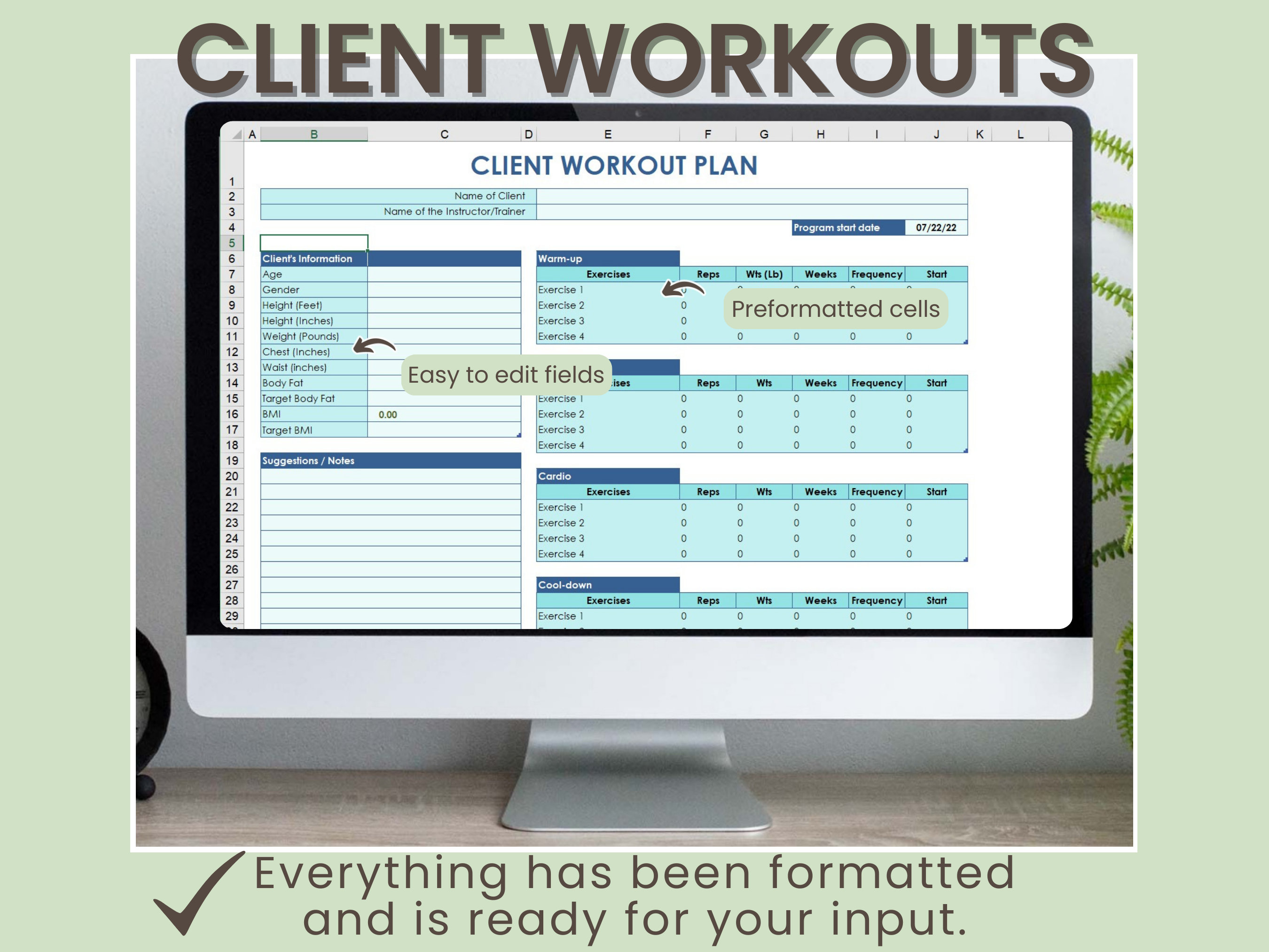 Personal Trainer Workout Template, Client Excel Google Sheets, Fitness ...