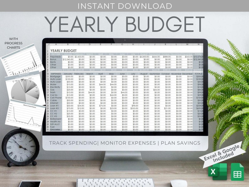 Excel Yearly BUDGET Template Google Sheets Percentage Expense - Etsy