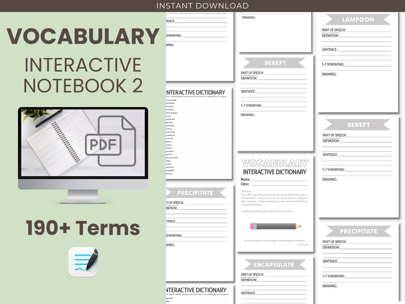 Vocabulary Interactive INB Journal Subject Dictionary Writing Fillable ...