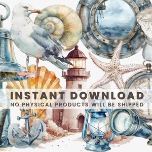 Nautical Clipart Watercolor Bundle, PNG, Sea Clipart, Ocean Clipart ...