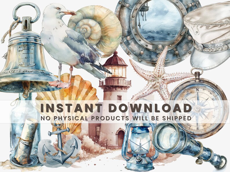 Nautical Clipart Watercolor Bundle, PNG, Sea Clipart, Ocean Clipart ...