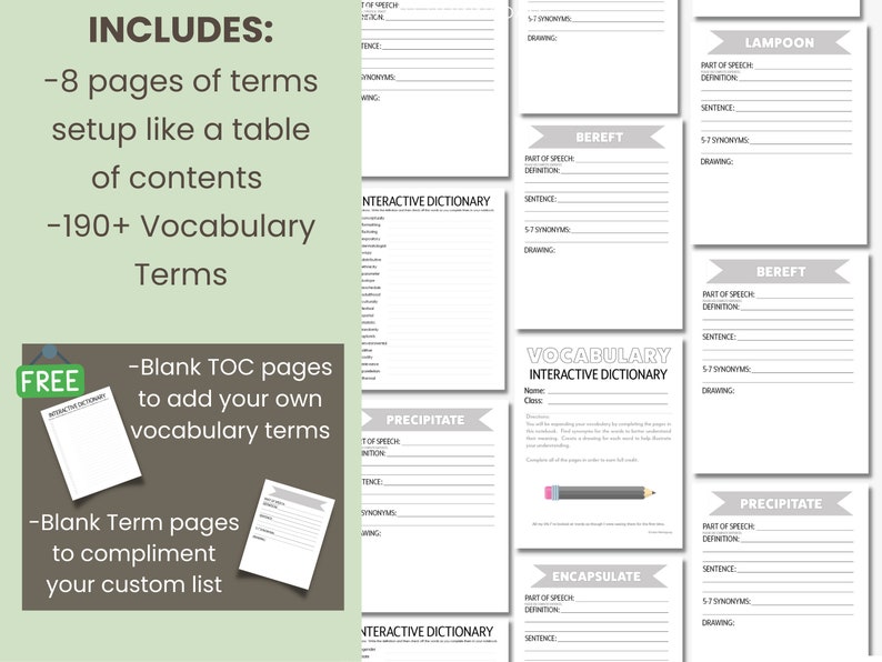 Vocabulary Interactive INB Journal Subject Dictionary Writing Fillable ...