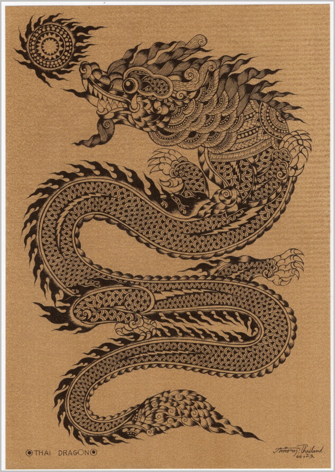 Thai Traditional Art of Thai Dragon (naga) by Printing on Sepia Paper ...