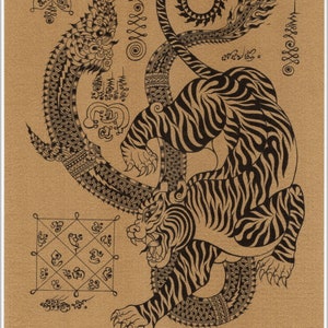 Thai Traditional Art of Talisman tiger and Naga by Printing on Sepia ...