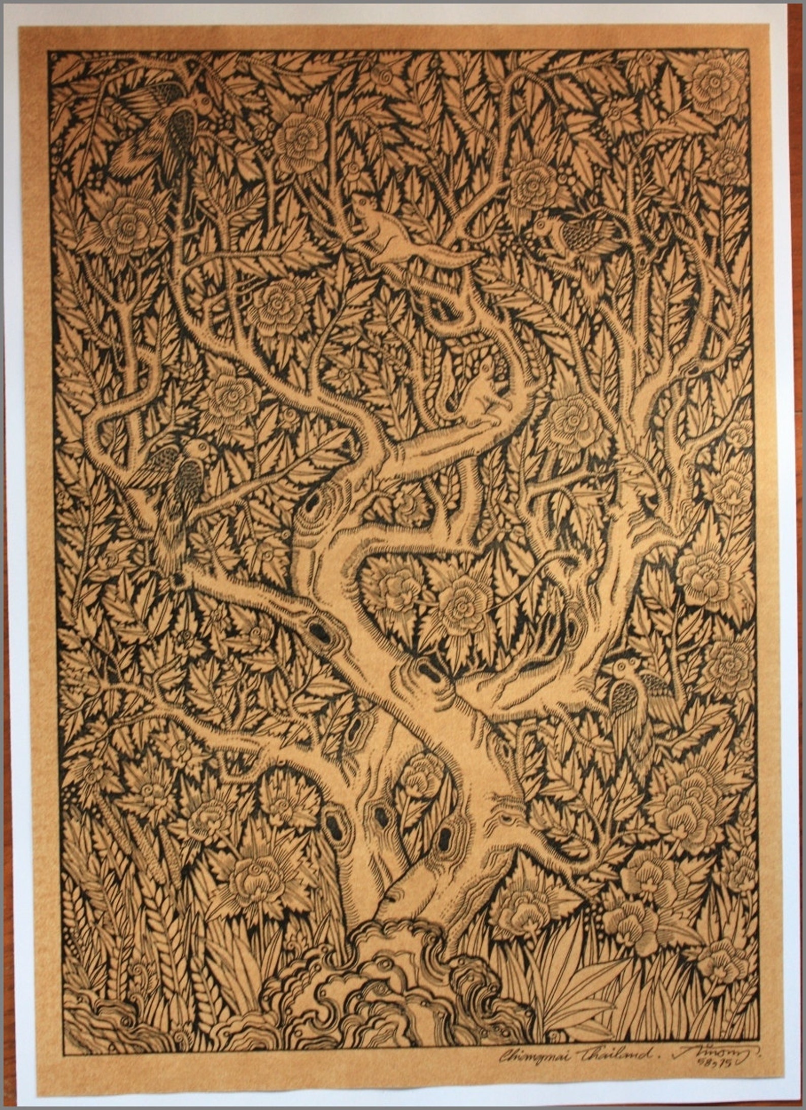 Thai Traditional Art of Tree by Printing on Sepia Paper | Etsy