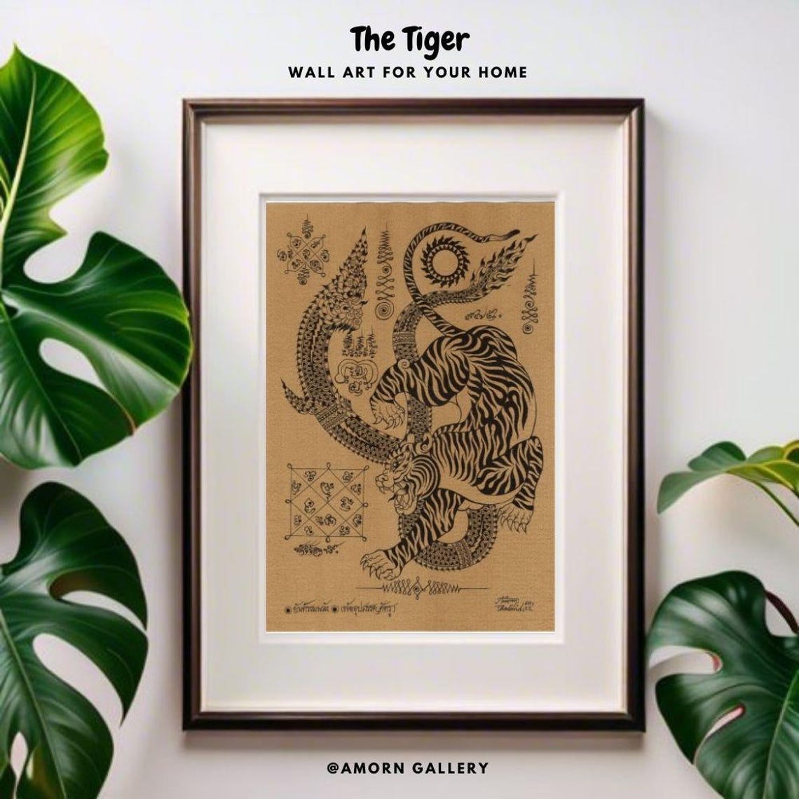 Thai Traditional Art of Talisman (tiger and Naga) by Printing on Sepia ...