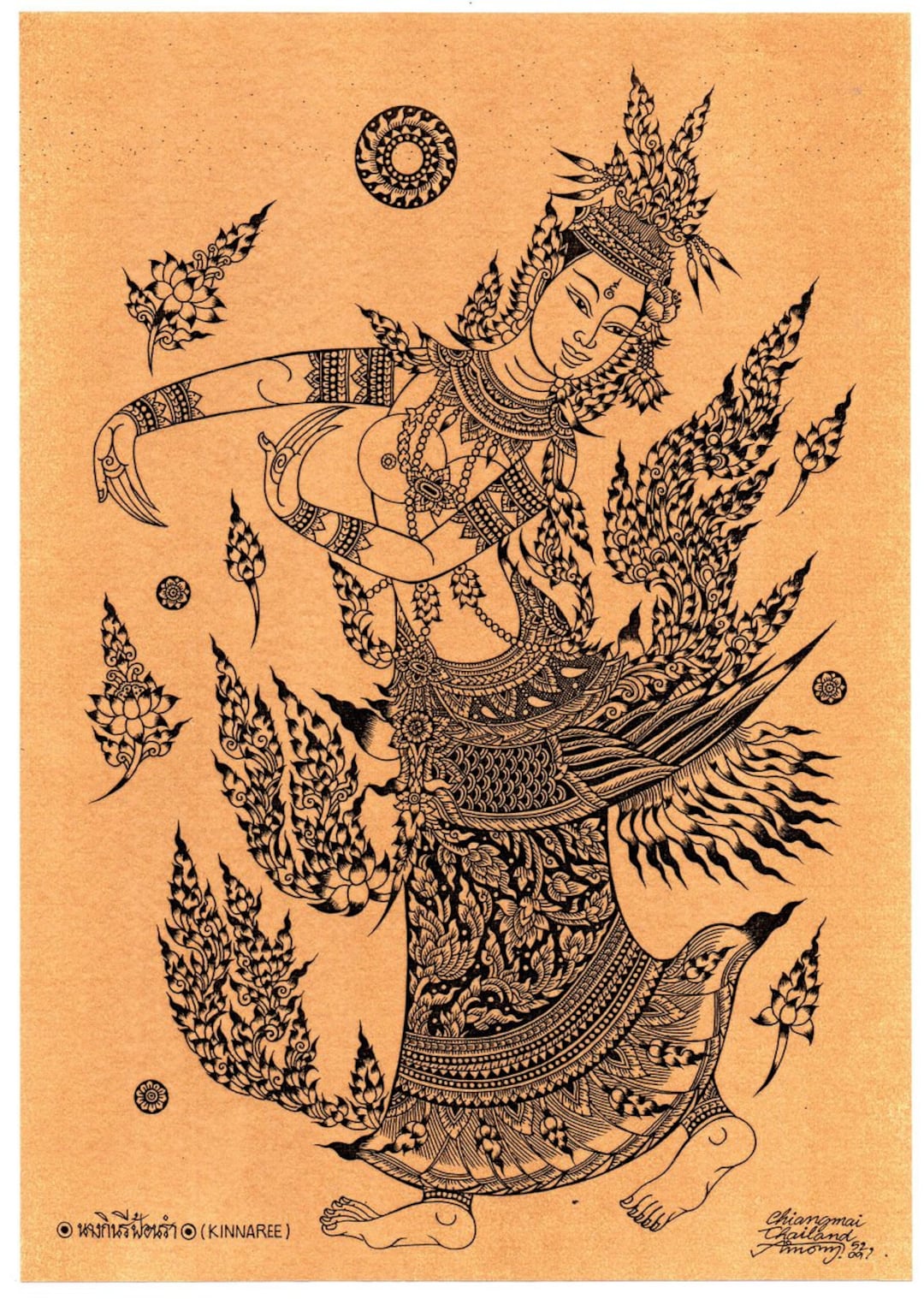 Thai Traditional Art of Kinnaree by Silkscreen Printing on Sepia Paper ...