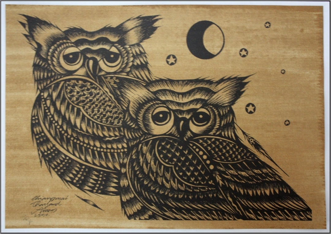 Thai Traditional Art of Owls by Printing on Sepia Paper. - Etsy