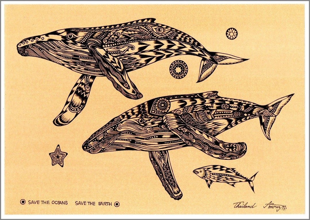Thai Traditional Art of Blue Whale by Printing on Sepia Paper. - Etsy