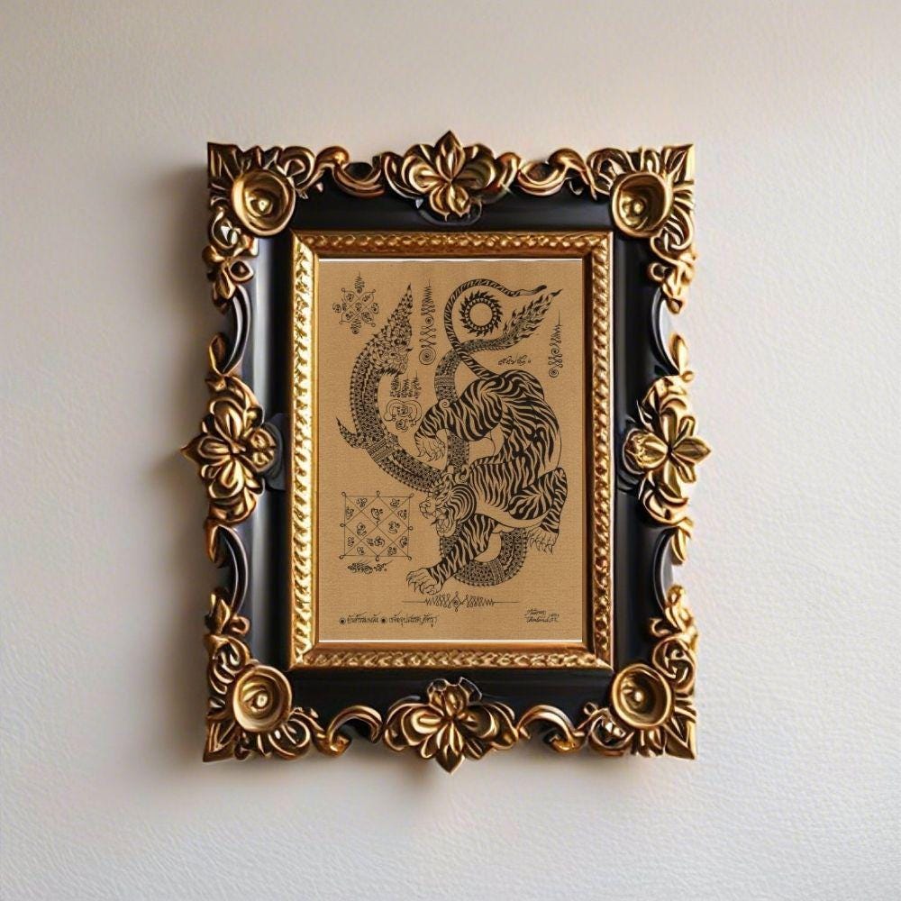 Thai Traditional Art of Talisman (tiger and Naga) by Printing on Sepia ...