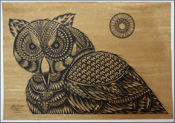 Thai Traditional Art of Owls by Printing on Sepia Paper | Etsy