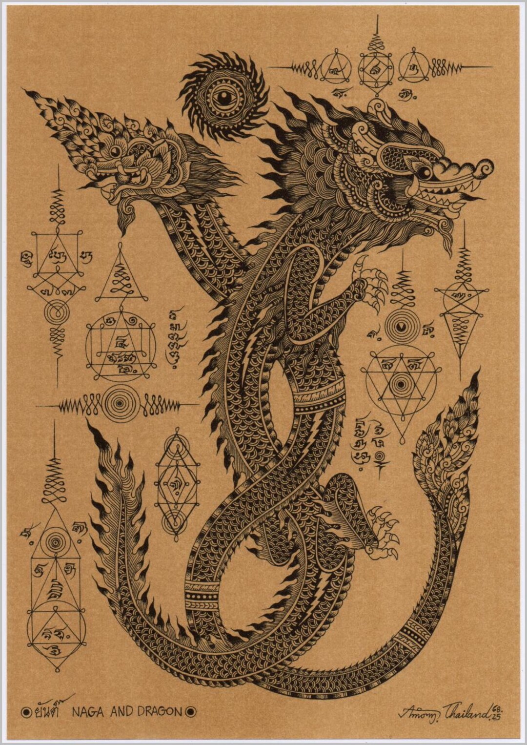 Thai Traditional Art of Naga and Dragon by Printing on Sepia Paper ...