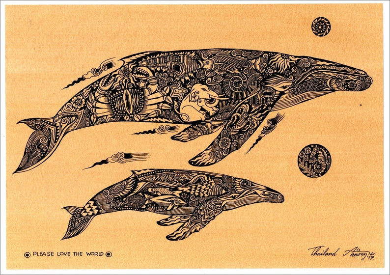 Thai Traditional Art of Blue Whale by Printing on Sepia Paper. - Etsy
