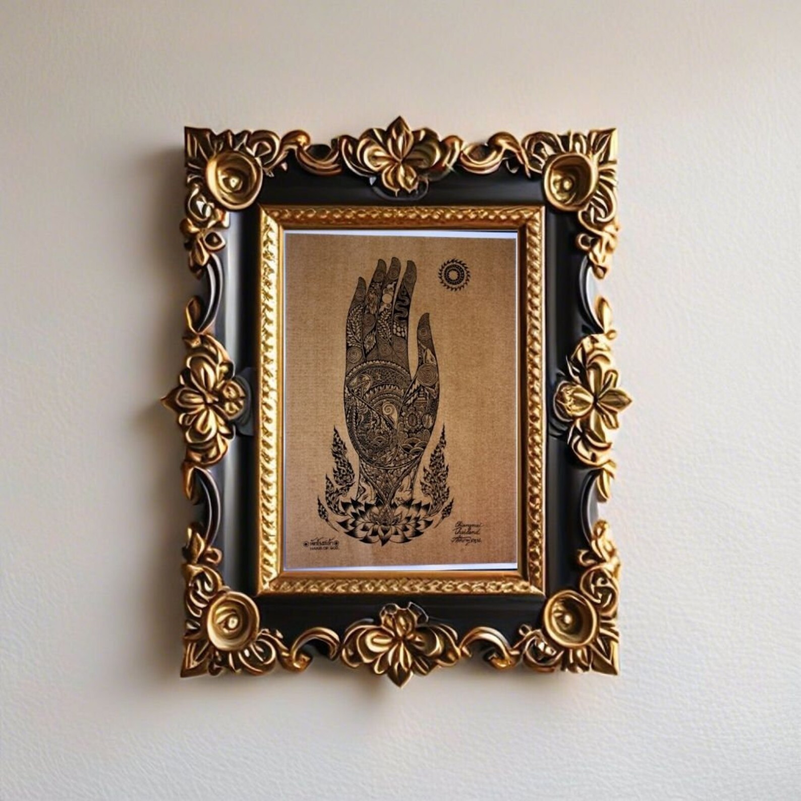 Thai Traditional Art of Hand of the Buddha by Printing on Sepia Paper ...