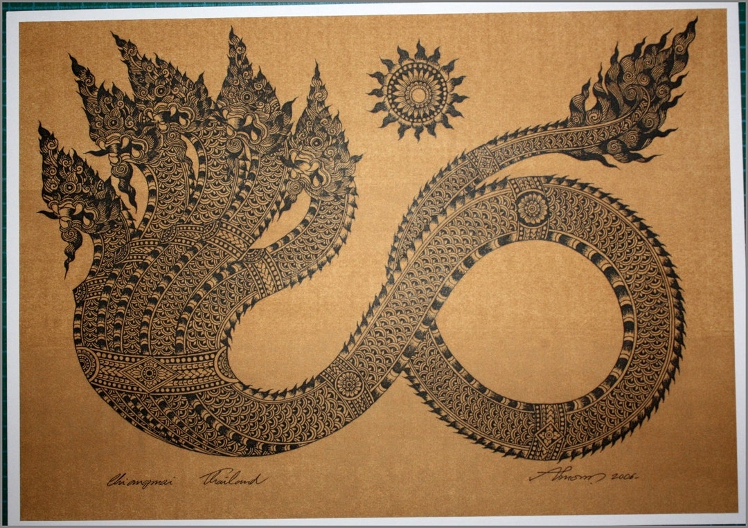 Thai Traditional Art of Naga by Printing on Sepia Paper,tattoo Dragon ...