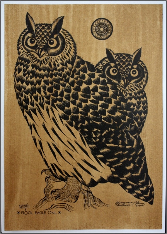 Thai traditional art of Owls by printing on sepia paper | Etsy