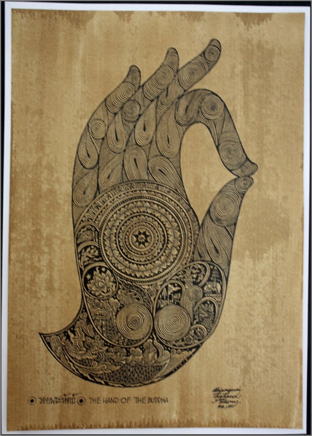 Thai Traditional Art of Hand of the Buddha by Printing on Sepia Paper ...