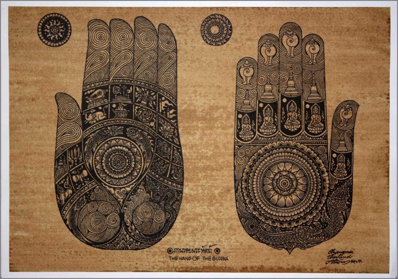 Thai Traditional Art of Hand of the Buddha by Printing on Sepia Paper ...