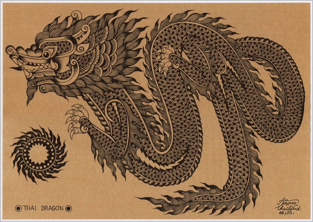 Thai Traditional Art of Thai Dragon (naga) by Printing on Sepia Paper ...