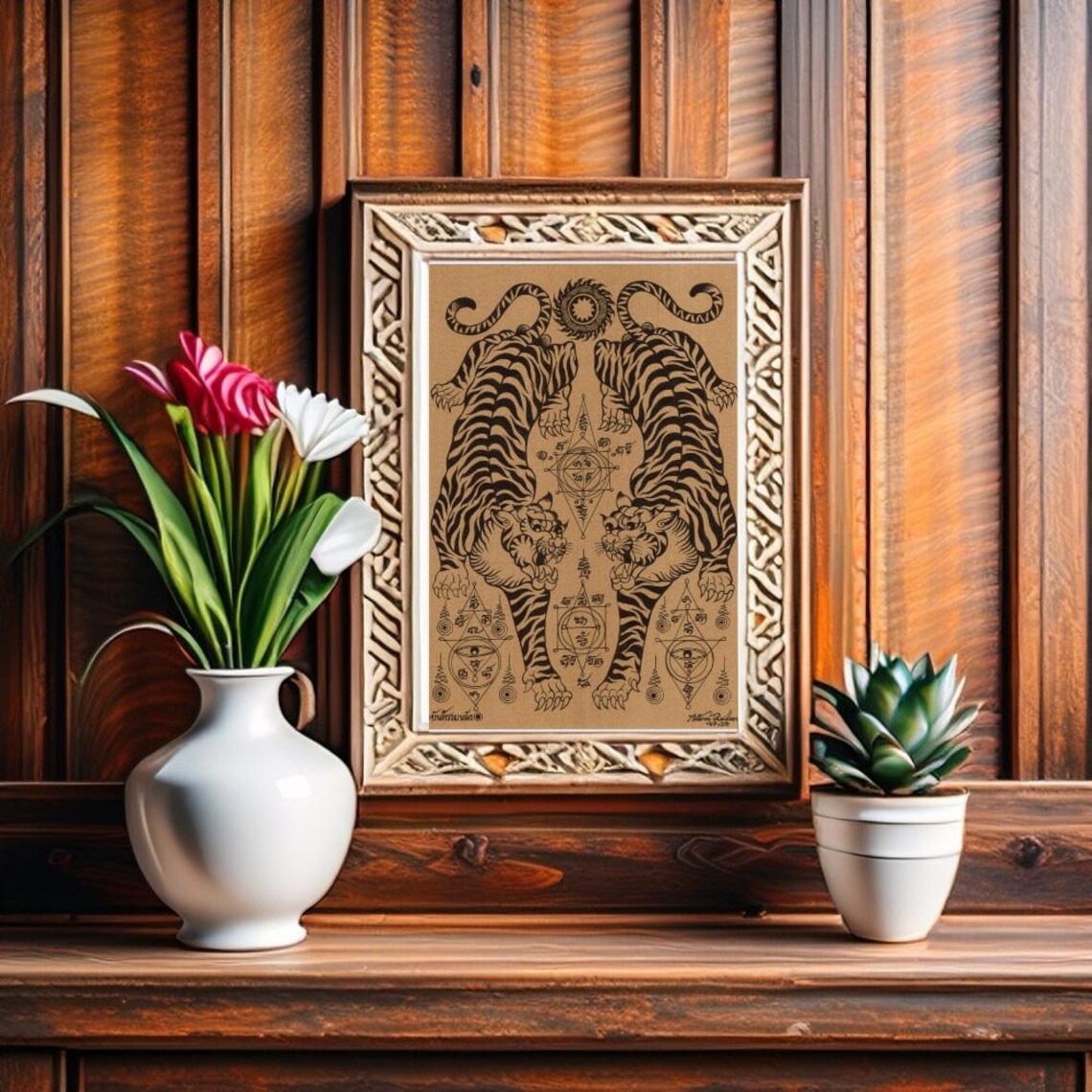 Thai Traditional Art of Talisman Tiger Leap (tiger Pairs) by Printing ...