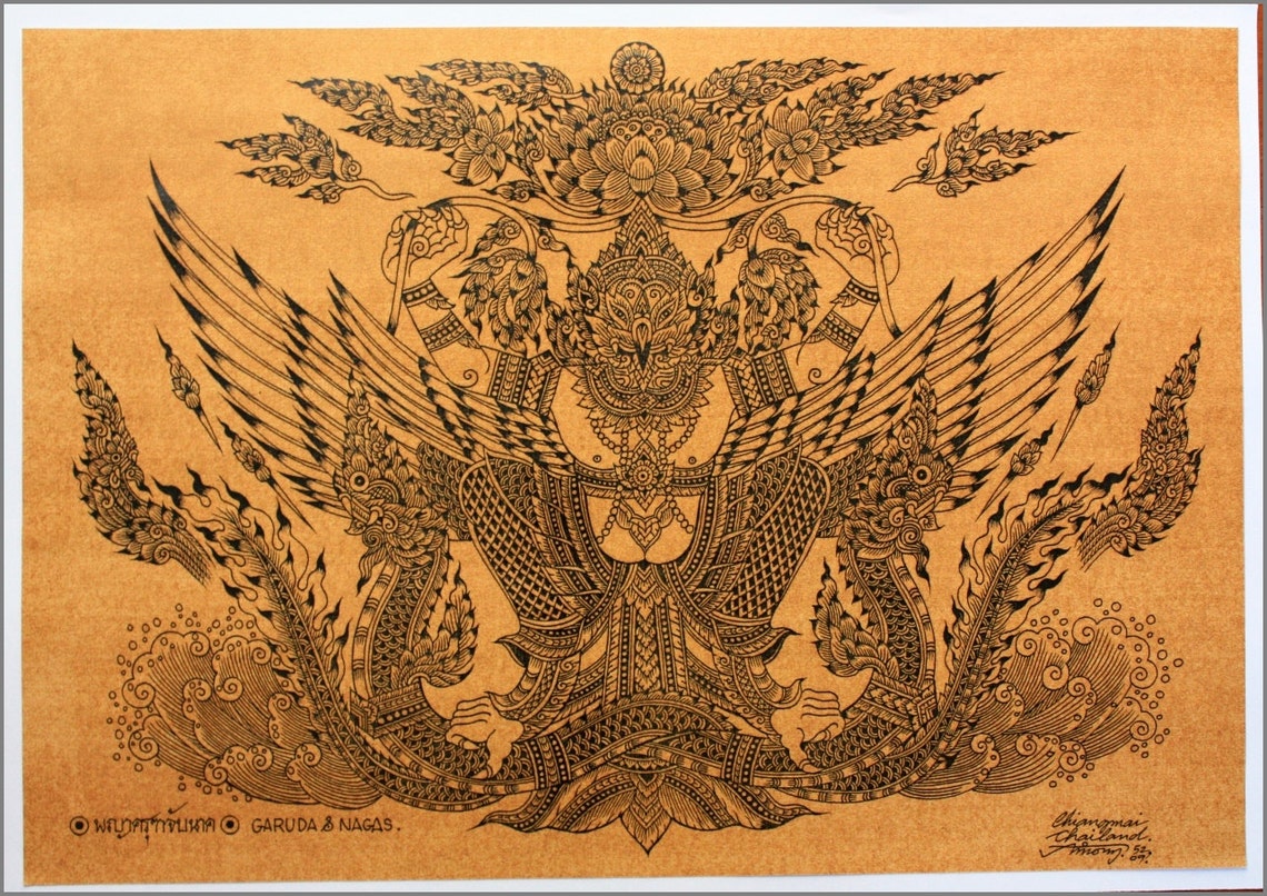 Thai traditional art of Garuda by printing on sepia paper - Etsy España