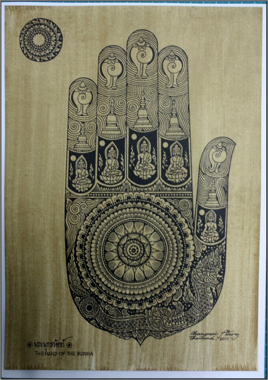 Thai Traditional Art of Hand of the Buddha by Printing on Sepia Paper ...