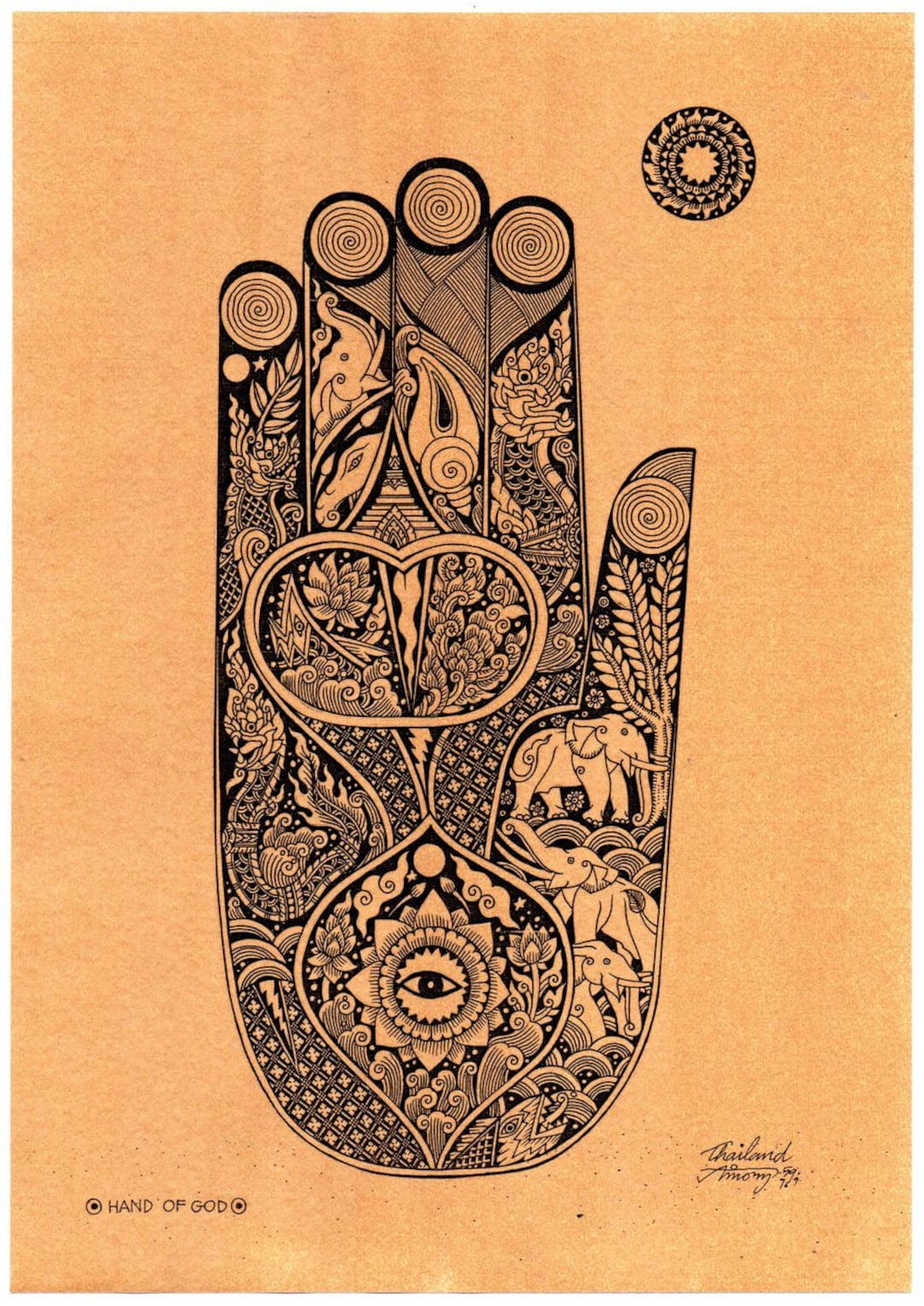 Thai Traditional Art of Hand of the Buddha by Printing on Sepia Paper ...