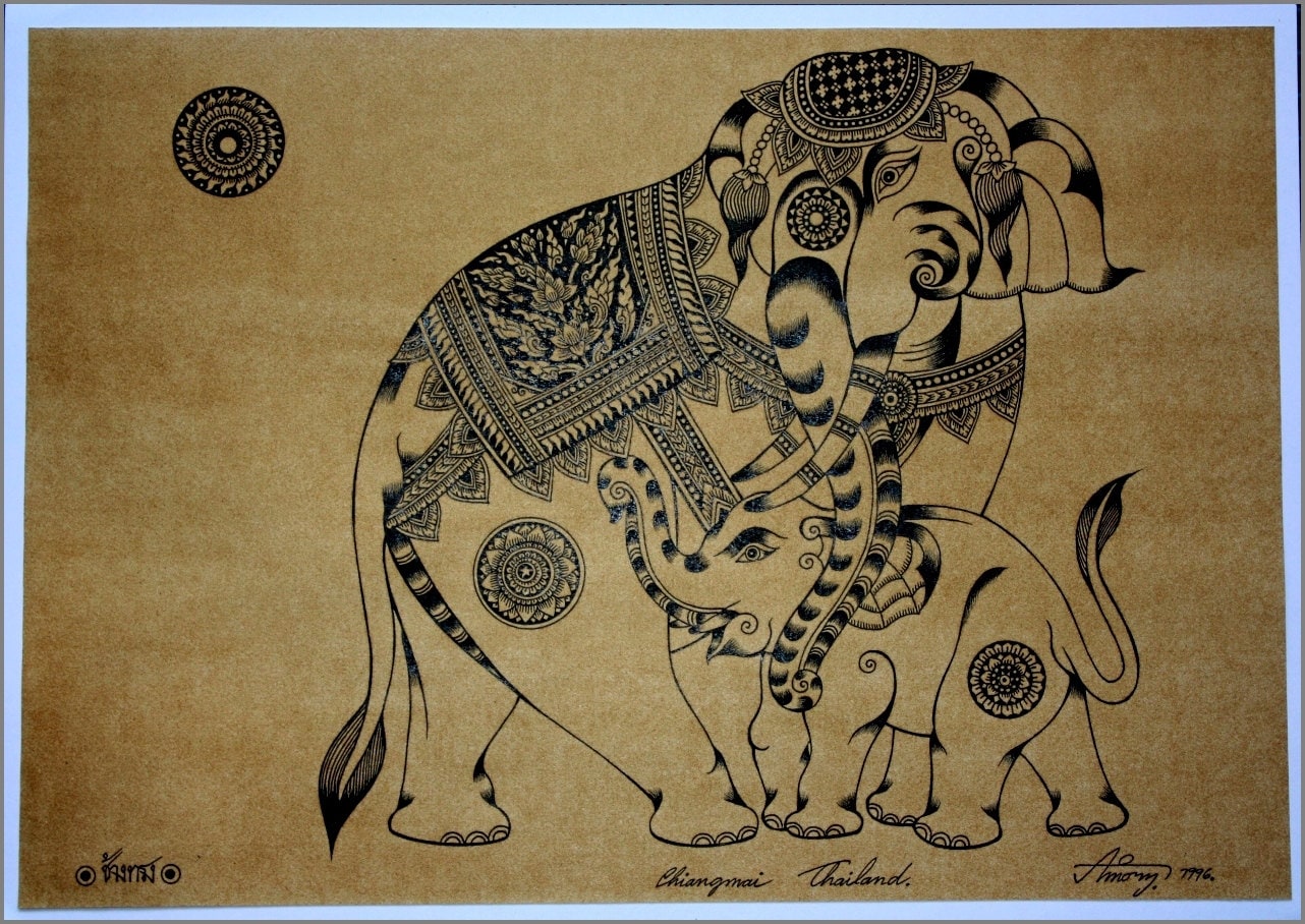 Thai traditional art of Elephant by printing on sepia paper | Etsy