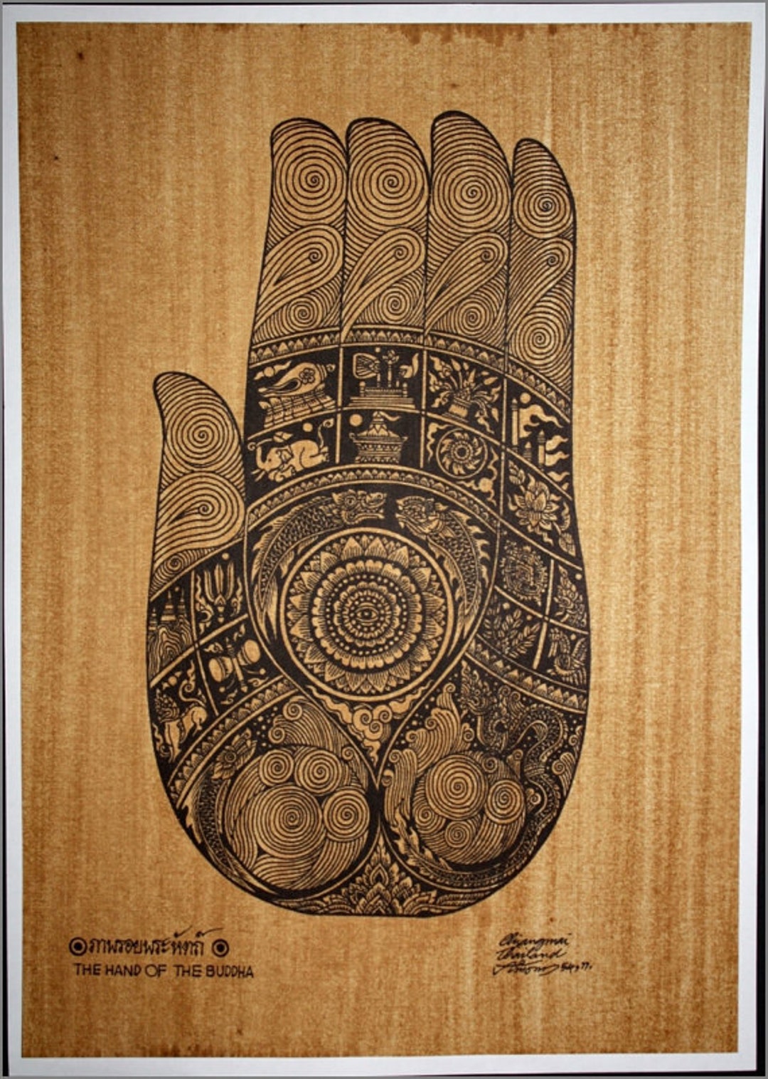 Thai Traditional Art of Hand of the Buddha by Printing on Sepia Paper ...