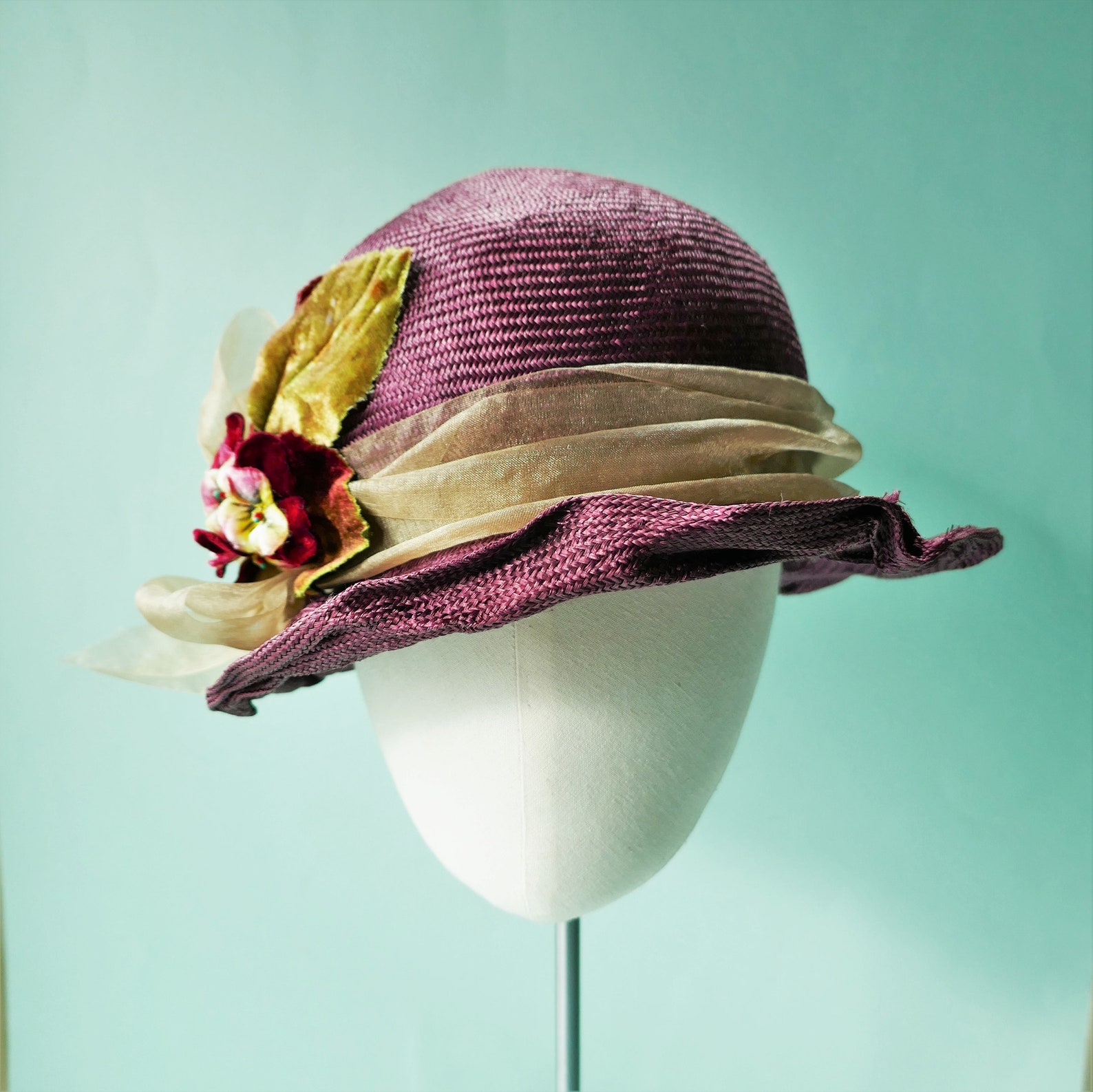 SALE Romantic Boho Burgundy Straw Hat Gold Organza Ribbon & - Etsy