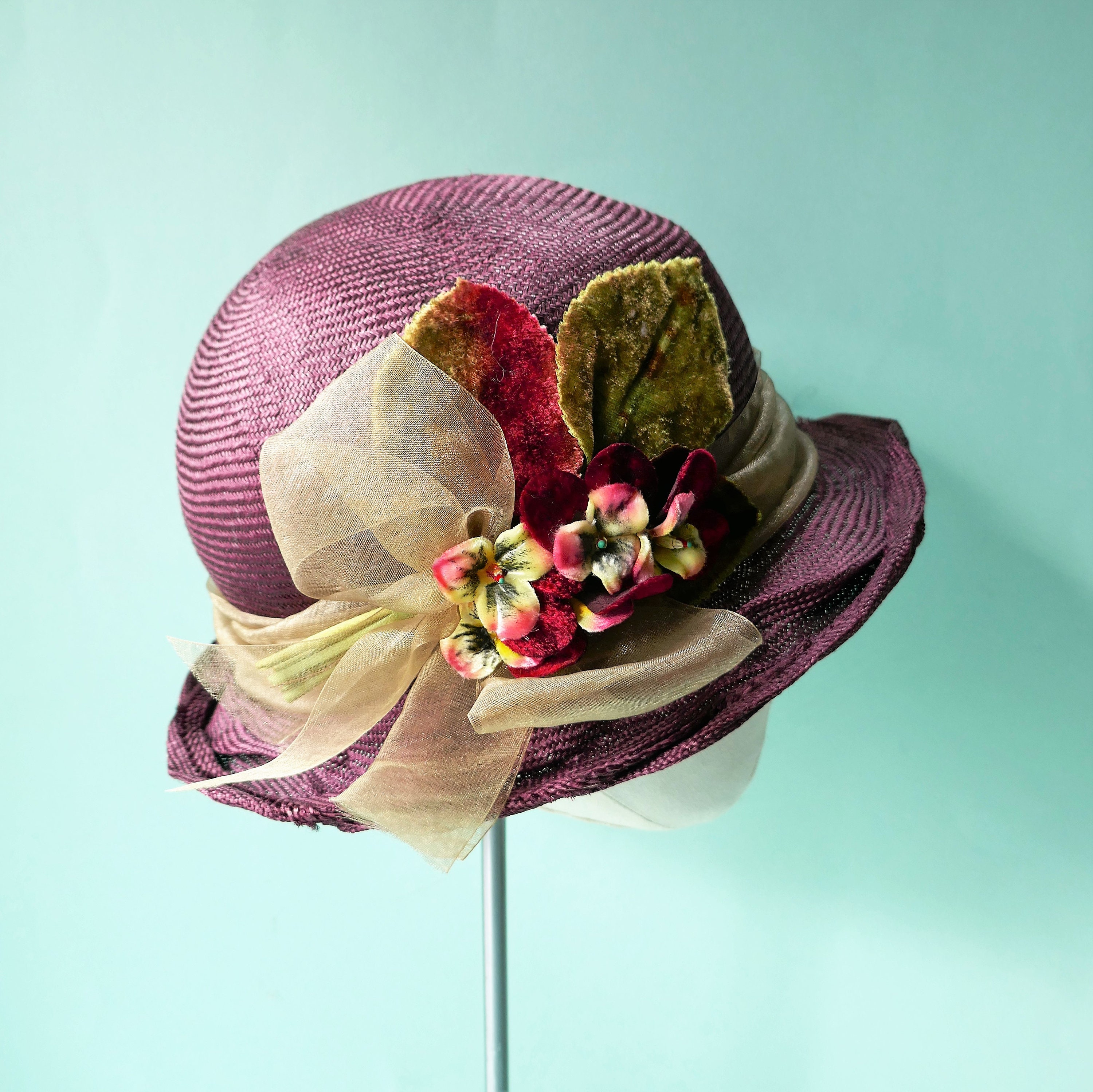 SALE Romantic Boho Burgundy Straw Hat Gold Organza Ribbon & - Etsy