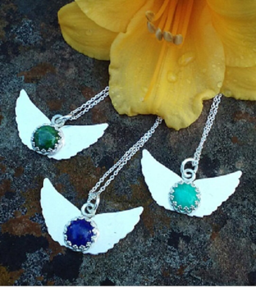 Angel Wings Necklace; Sterling Silver and Gemstone; Lapis Lazuli ...