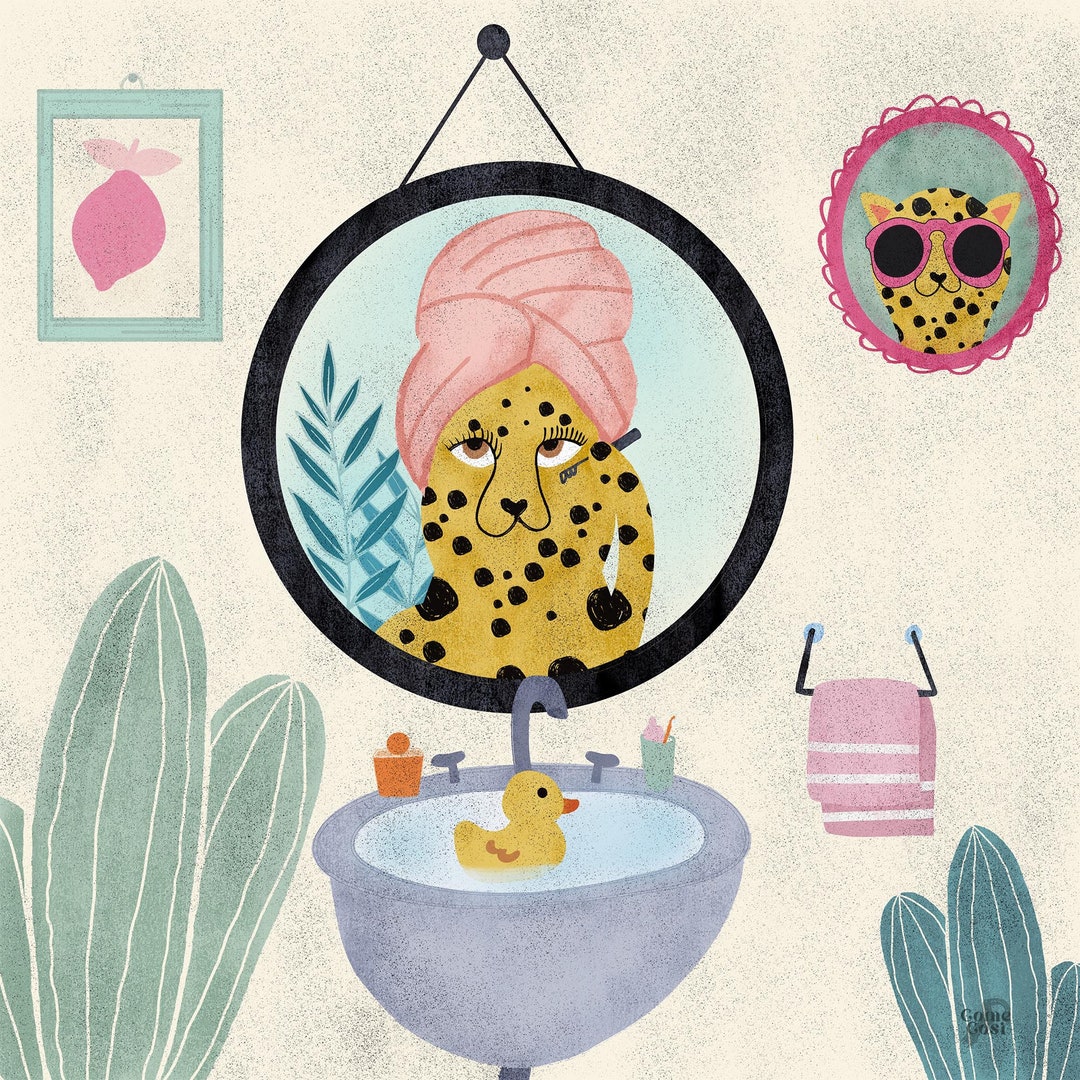 Cute Cheetah Morning Routine Digital Poster Funny Cheetah Illustration ...