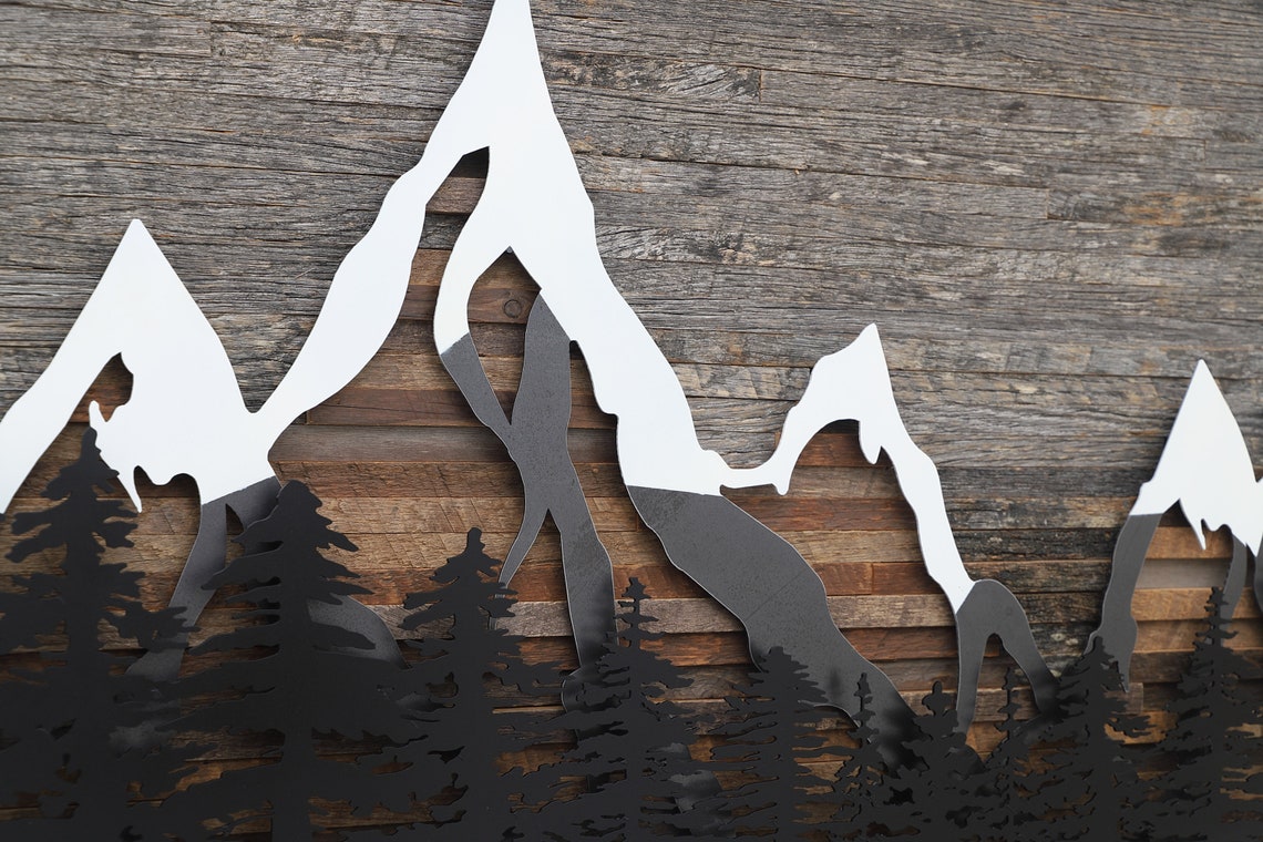 Pine Tree Forest Mountains Wood Wall Art Metal Mountain - Etsy