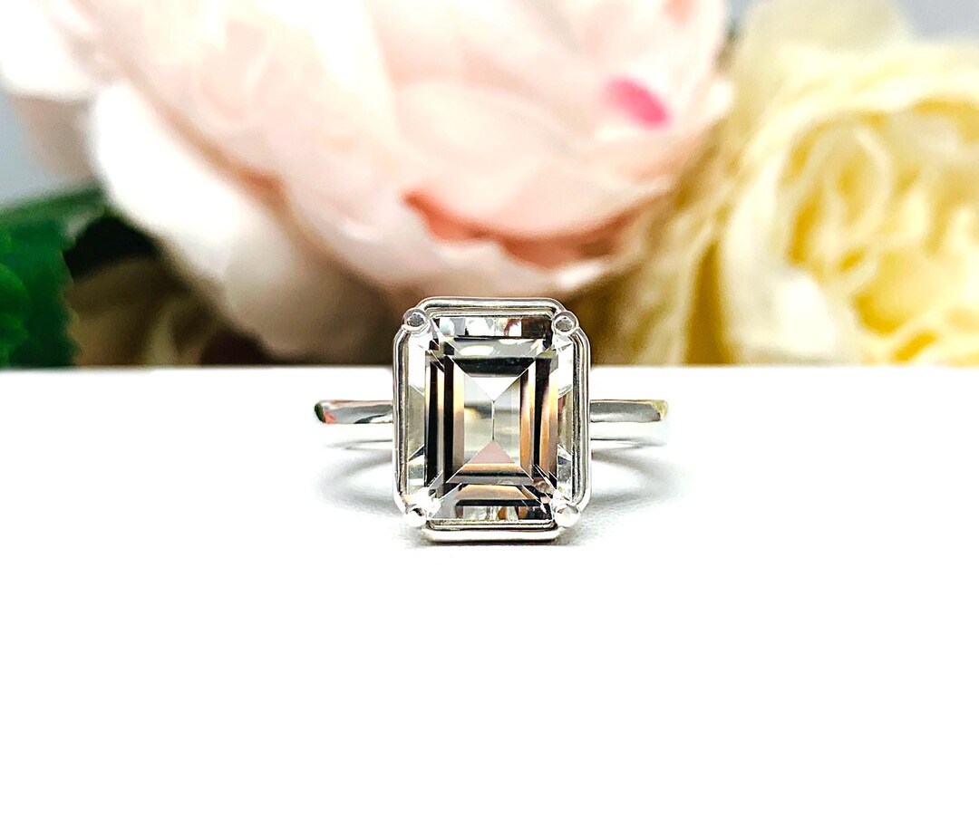 Bezel & Prong White Topaz Ring • Emerald-cut Solitaire, 8x6mm—10x8mm ...