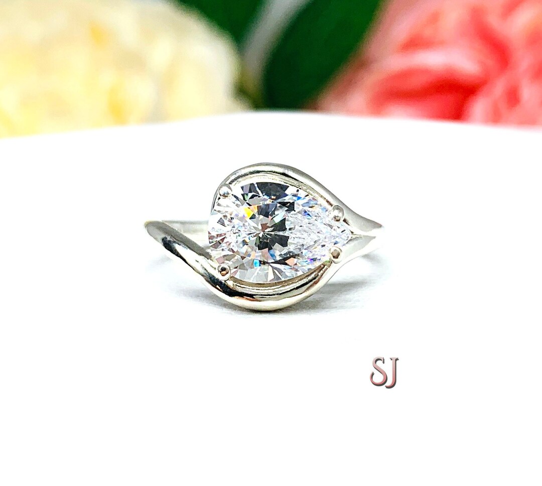 Pear Cubic Zirconia East West Horizontal Side Set Engagement Ring - Etsy
