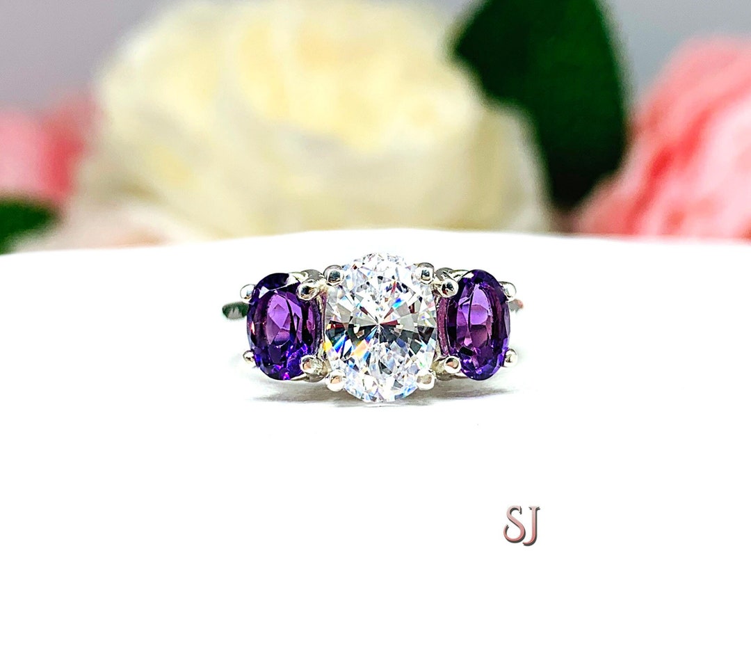 Oval Cubic Zirconia Natural African Amethyst Three Stone Ring - Etsy