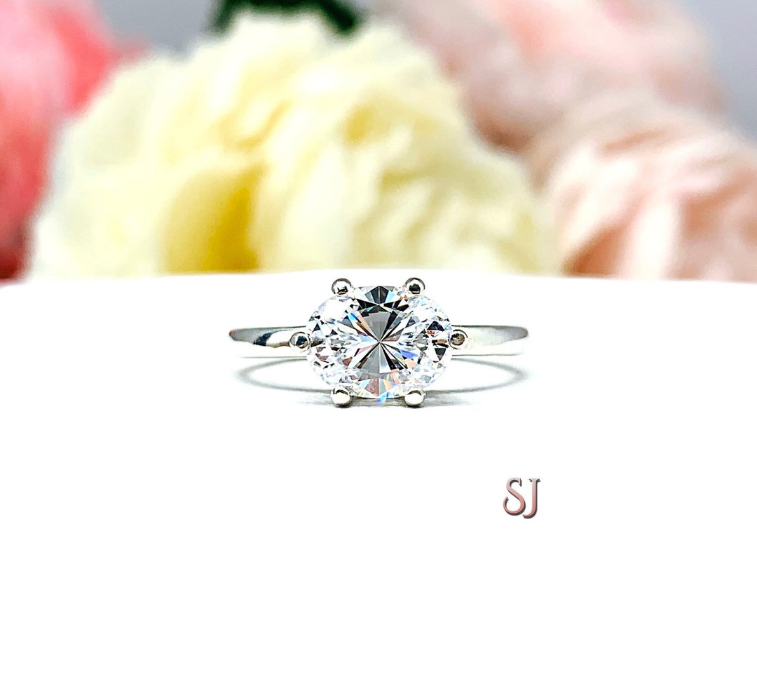 Oval Cubic Zirconia East West Horizontal Set Engagement Ring - Etsy