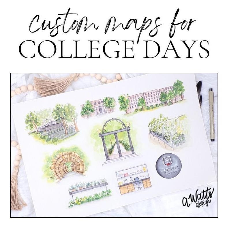 Personalized College Map, Watercolor Graduation Gift, Campus Story ...